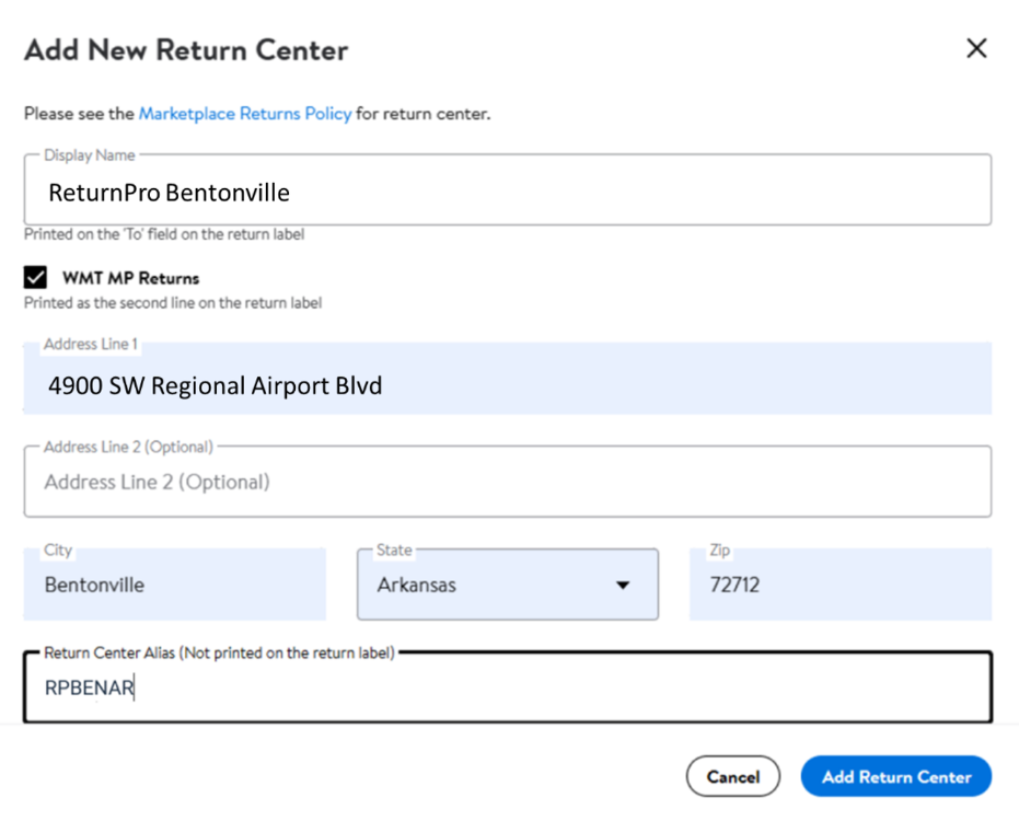 WM Return Centers Configuration – ReturnPro